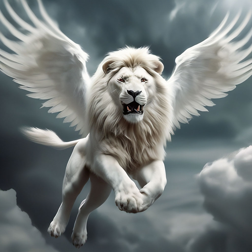 "A big white lion is flying on wings, in motion" — image created in ...