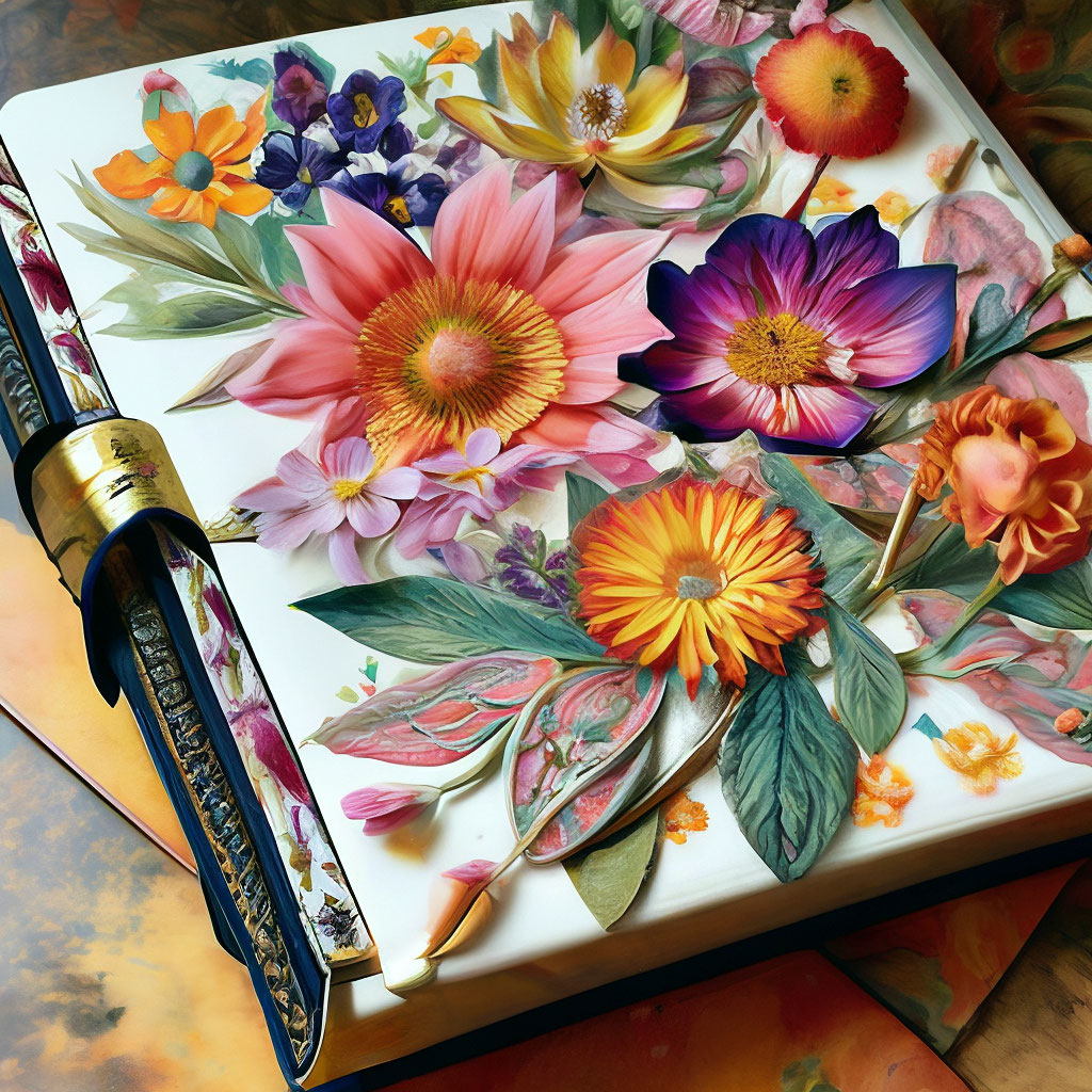 "A notebook with flowers on the pages." — image created in Shedevrum