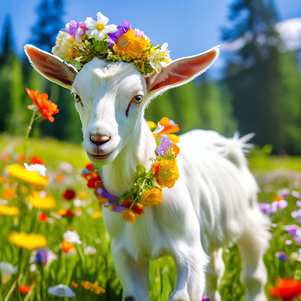 "🌷🌹🐐🌻🌼 a very pretty young white goat walks through a flower meadow in ...