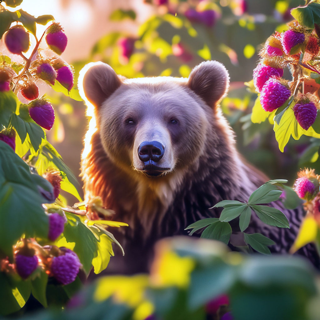 "Cozy bear in raspberry bushes,morning fog, leaves, the sun breaks ...