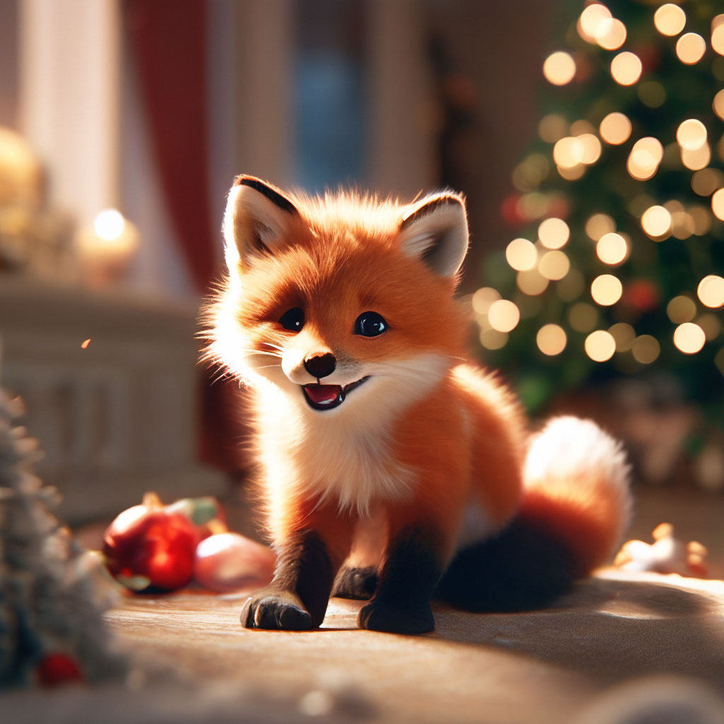 "A very fluffy fairy-tale joyful red fox cub, next to the Christmas ...