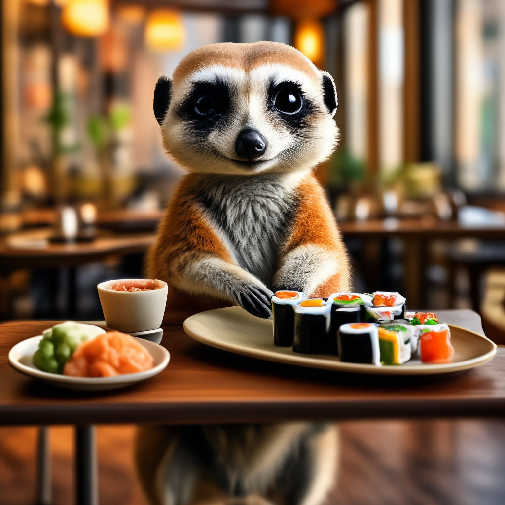 "Tsurikat in sushi bar cafe table chairs sushi rolls" — image created ...