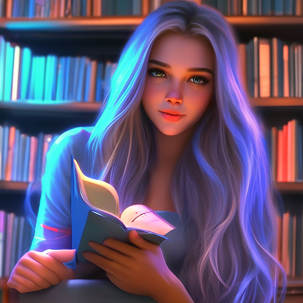 "A girl in a bookcase with a book, gorgeous long hair, neon glowing ...