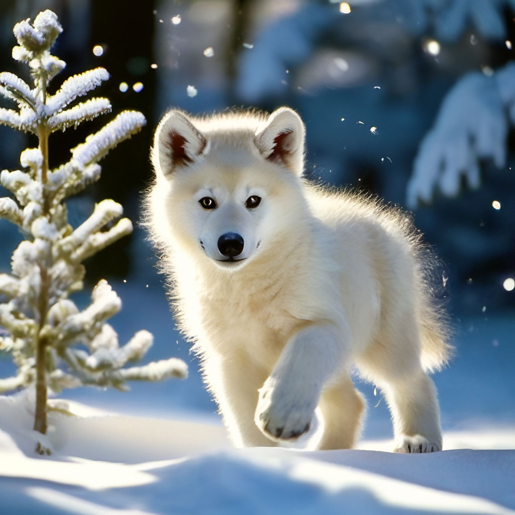 "Funny fluffy white wolf cub in full growth in a clearing, winter ...