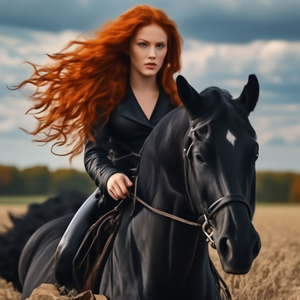 "A girl with red hair, very beautiful, rides a black horse across the ...
