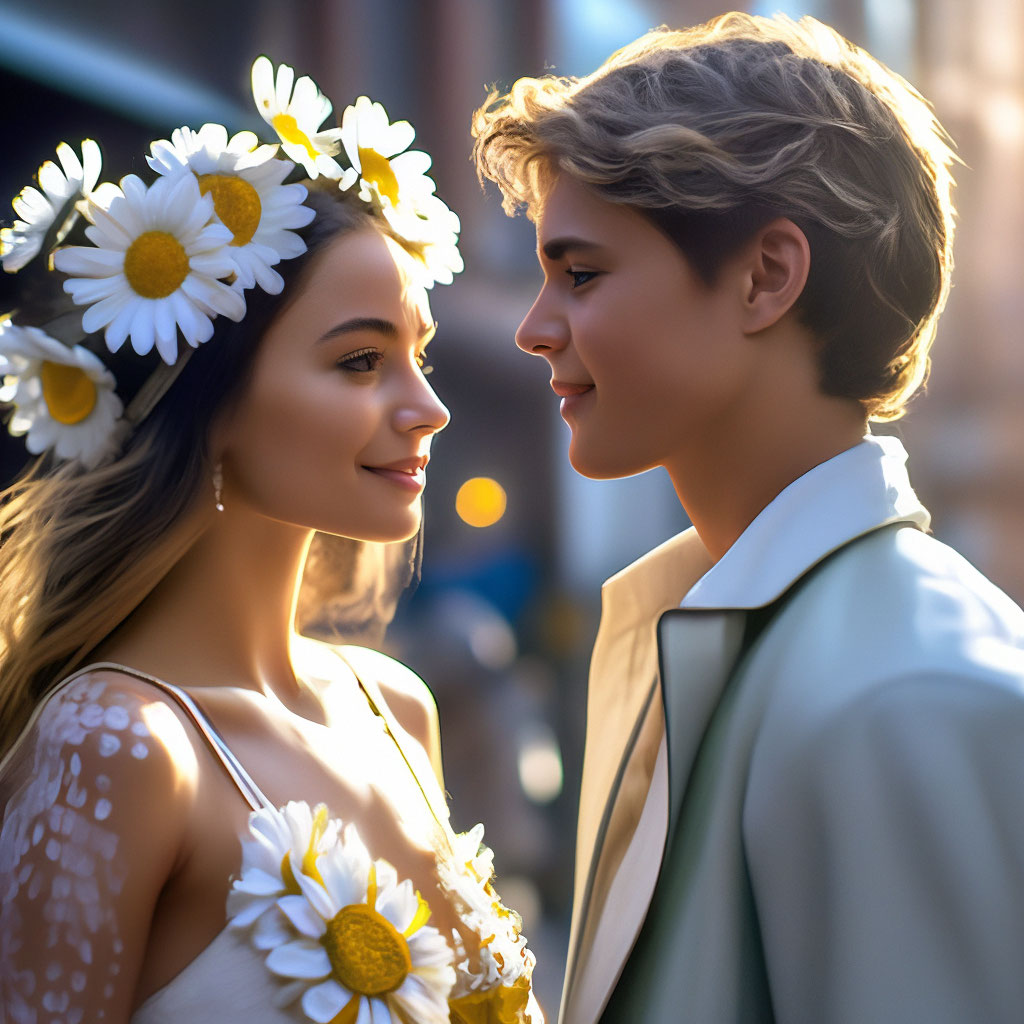 "A daisy girl and a daisy boy are walking around the daisy city,talking ...