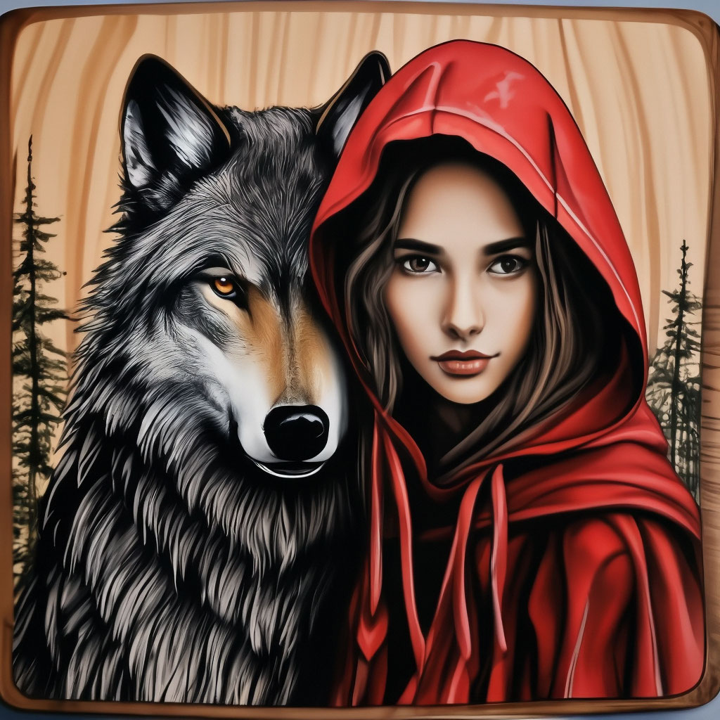 "Little red riding hood and gray wolf, pyrography on wood, painted with ...