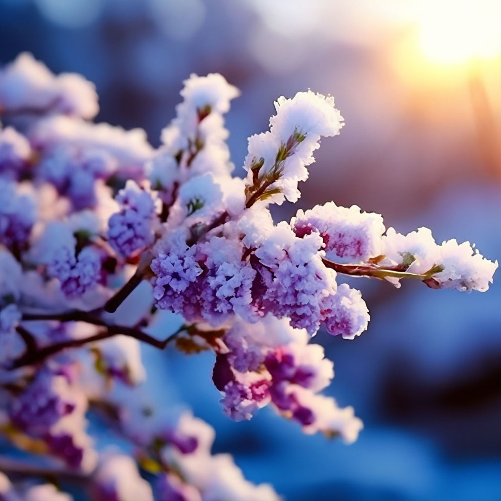 "A branch of lilac. Frost and sun. Covered with frost. Everything is ...