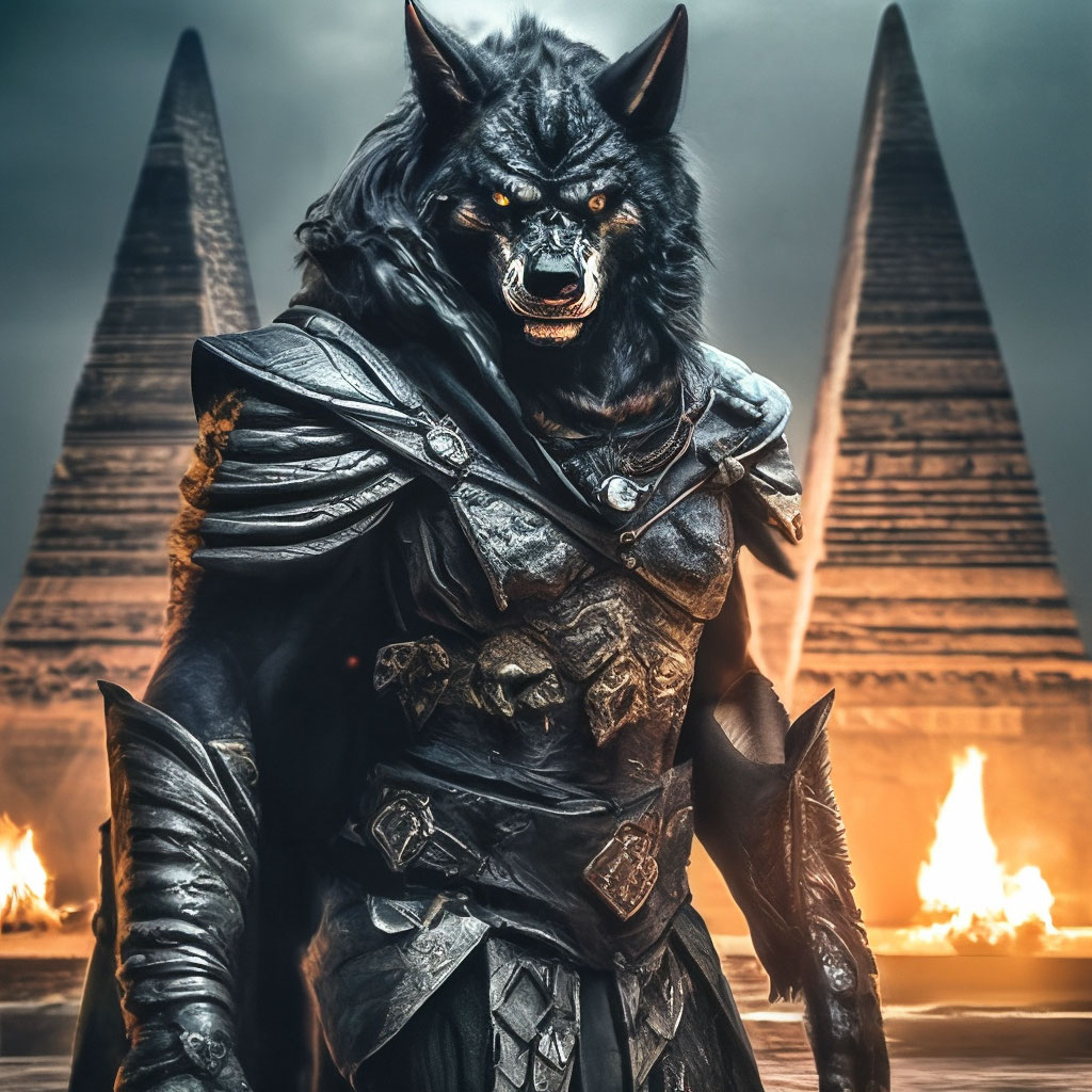 "Werewolf in legendary black armor and hood in Egyptian style, pyramid ...