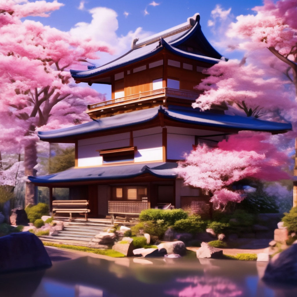 "Japanese house with Sakura" — image created in Shedevrum