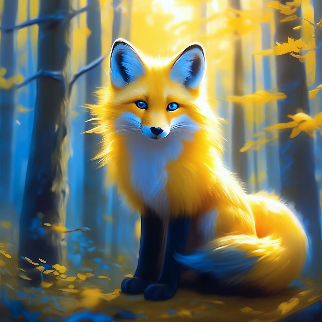 "Yellow fox, 2 tails, blue eyes, cute fox, forest background, super ...