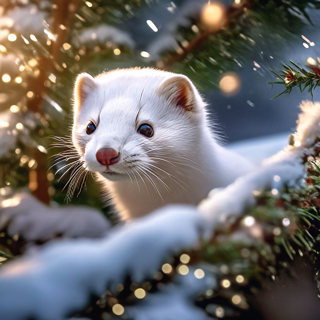 "Cute white mink, peeking out from under the branches of the Christmas ...