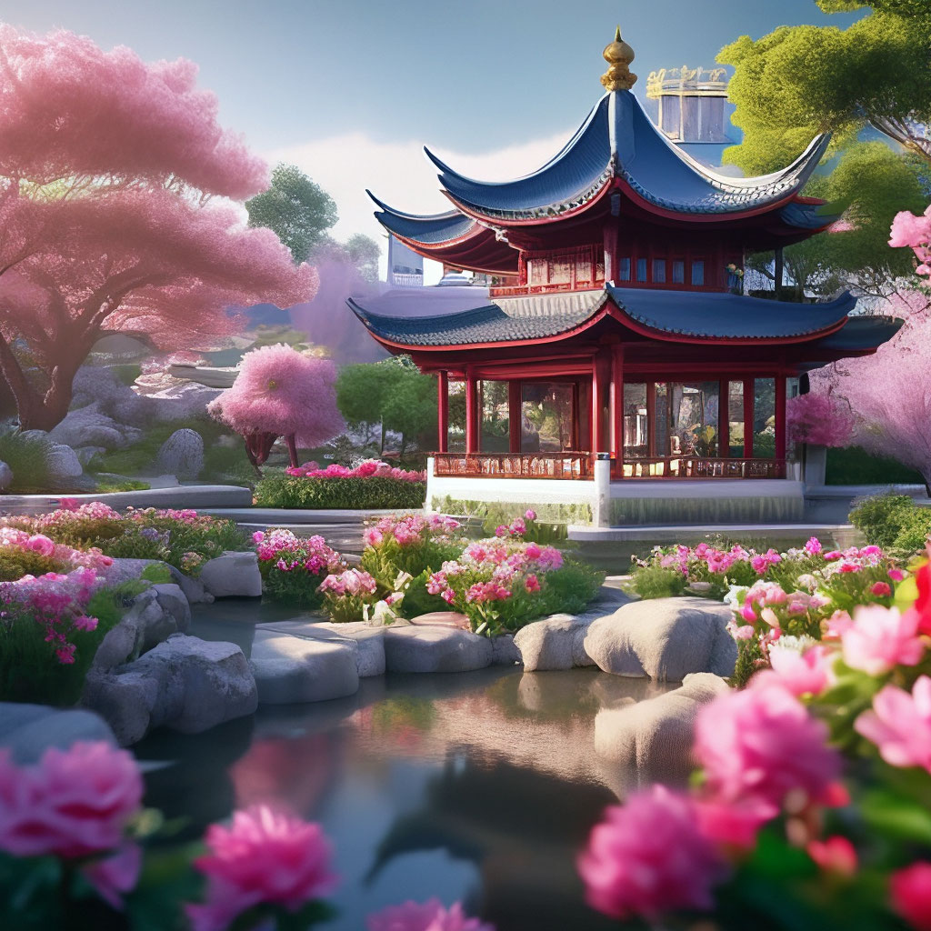 "Beautiful Chinese garden,in blooming flowers🌺, realistic professional ...