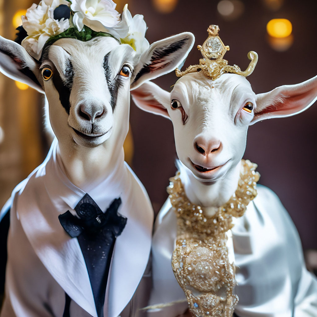 "A very cute goat in an expensive white wedding very shiny dress and a ...