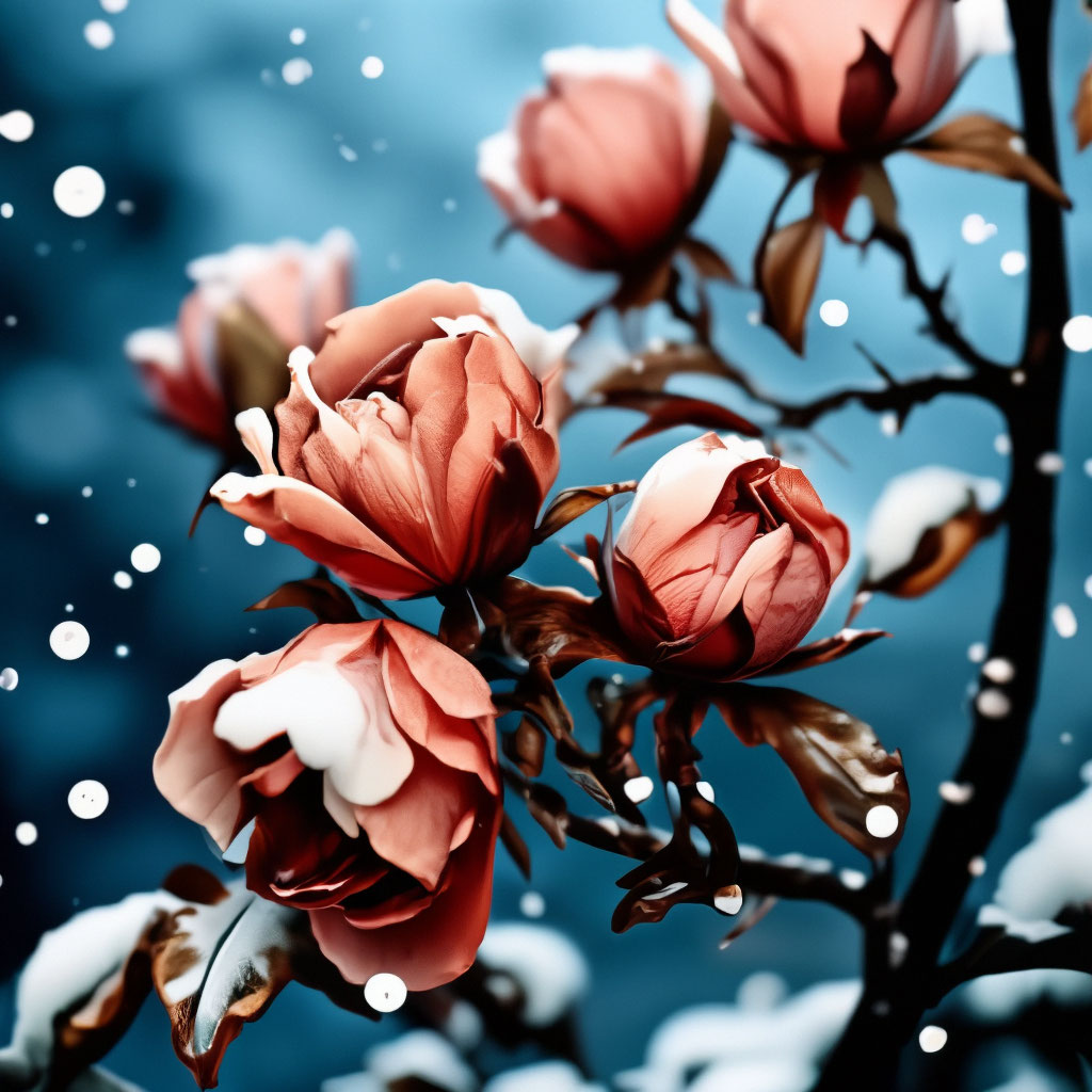"Rosehip bush with flowers under the snow, indigo turquoise, copper ...