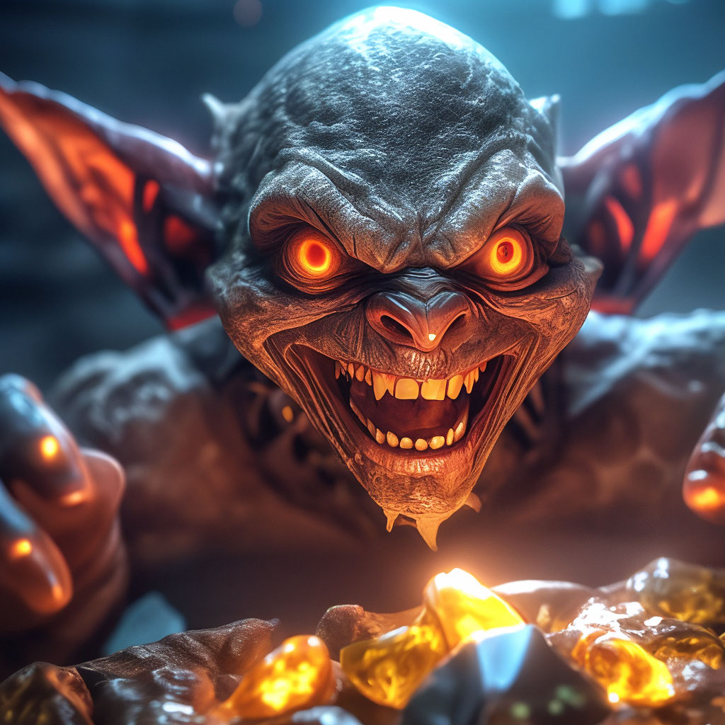 "My telegram @RenigamiCorp Greedy goblin with glowing eyes,over a pile ...