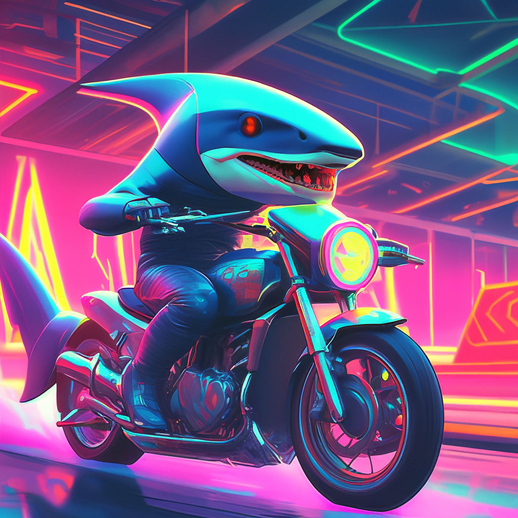"Shark on a motorcycle with a helmet …" — image created in Shedevrum