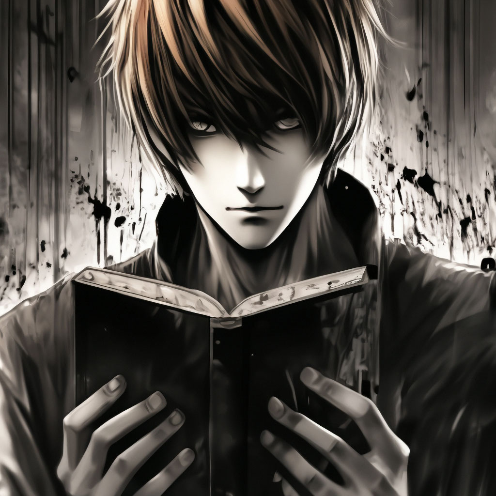 "Yagami Light holds a black book, high detail, strokes, splashes of ...