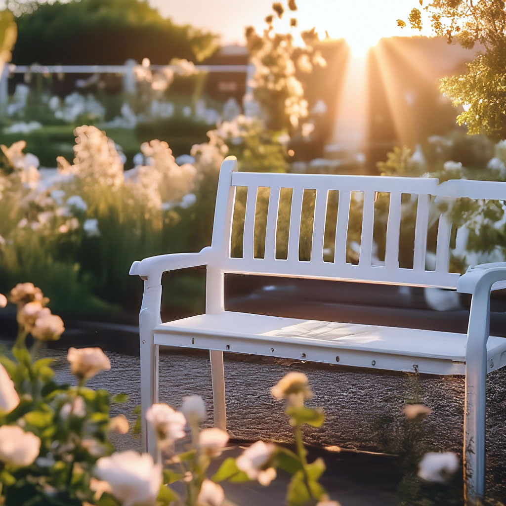 "Sunrise in a blooming garden,white wooden bench , sophisticated, chic ...