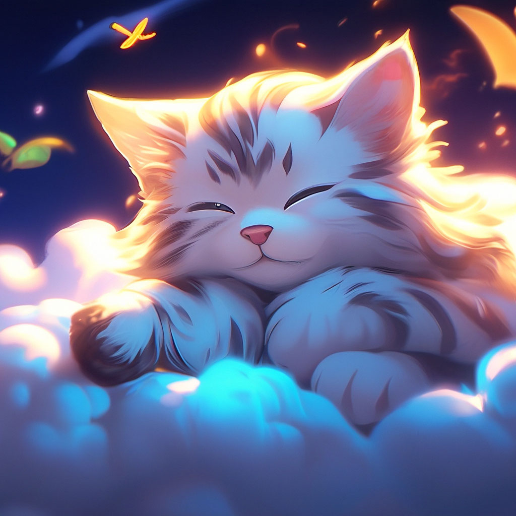 "The Old Sage, A very cute and charming fluffy anime cat, sleeping on a ...