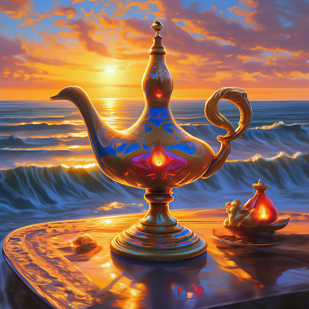 "Aladdin lamp , sunset on the sea, high detail" — image created in ...