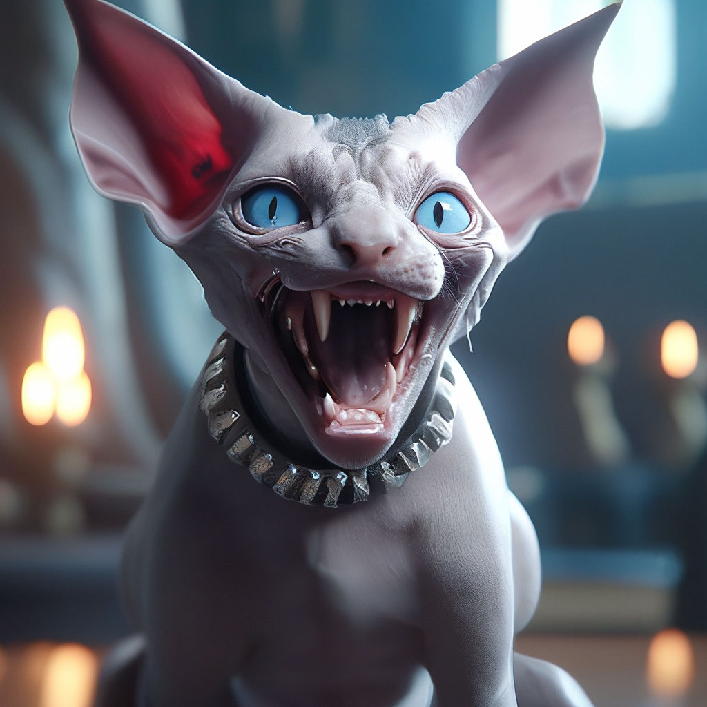 "Sphinx vampire cat, with big teeth, bigger eyes, 8k, iso 15" — image ...