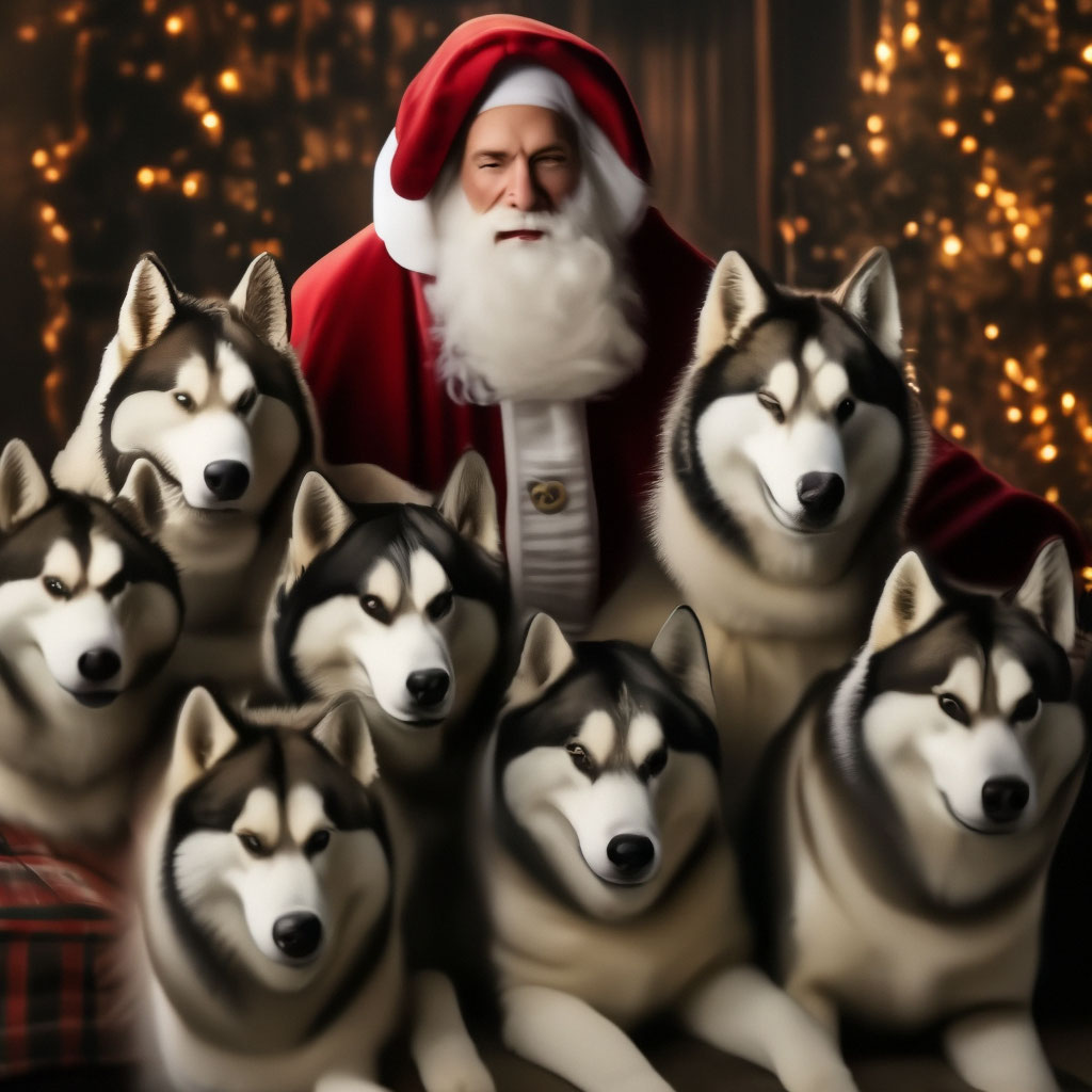 "Santa Claus and many husky dogs" — image created in Shedevrum