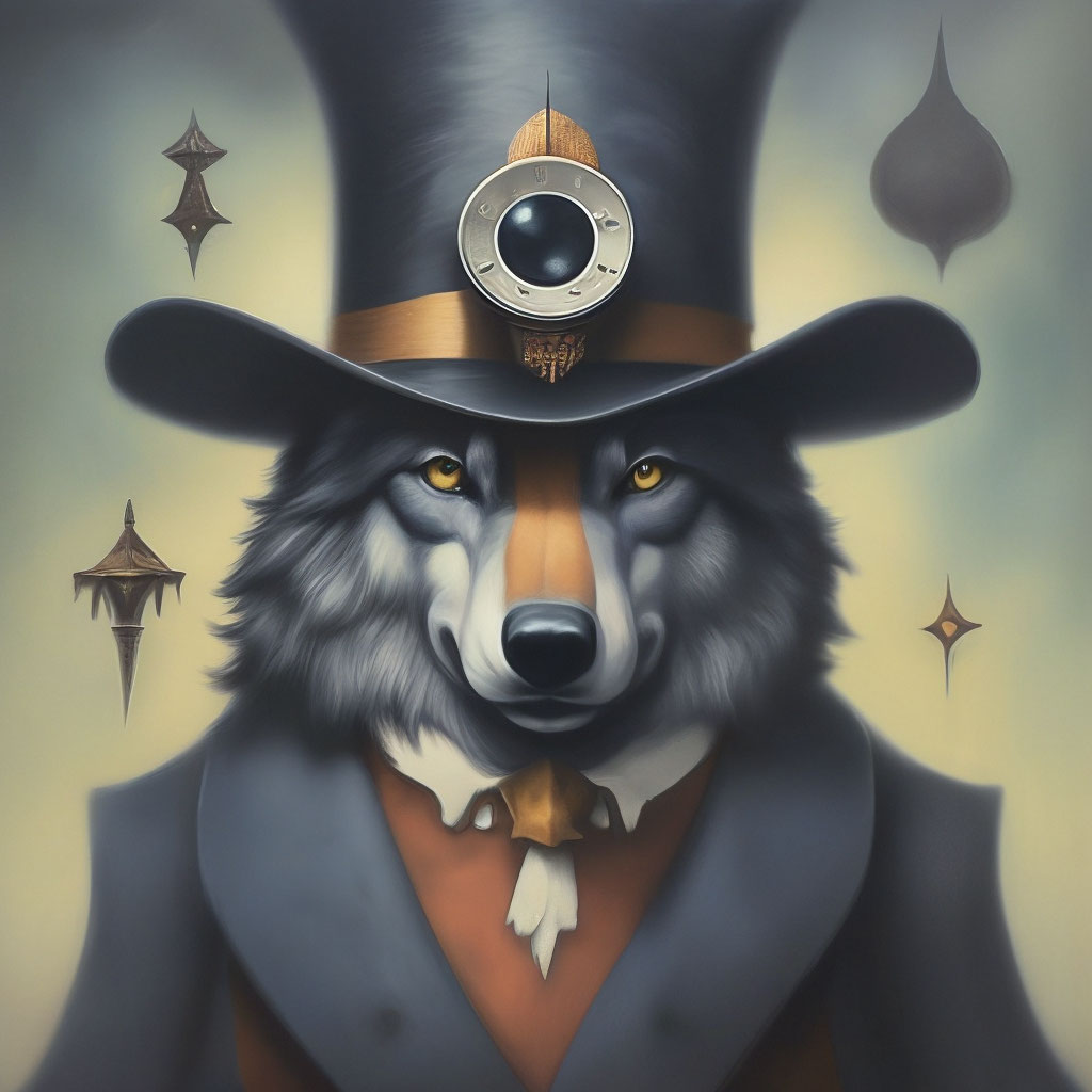 "A wolf with a monocle on one eye has a witch's hat on his head ...