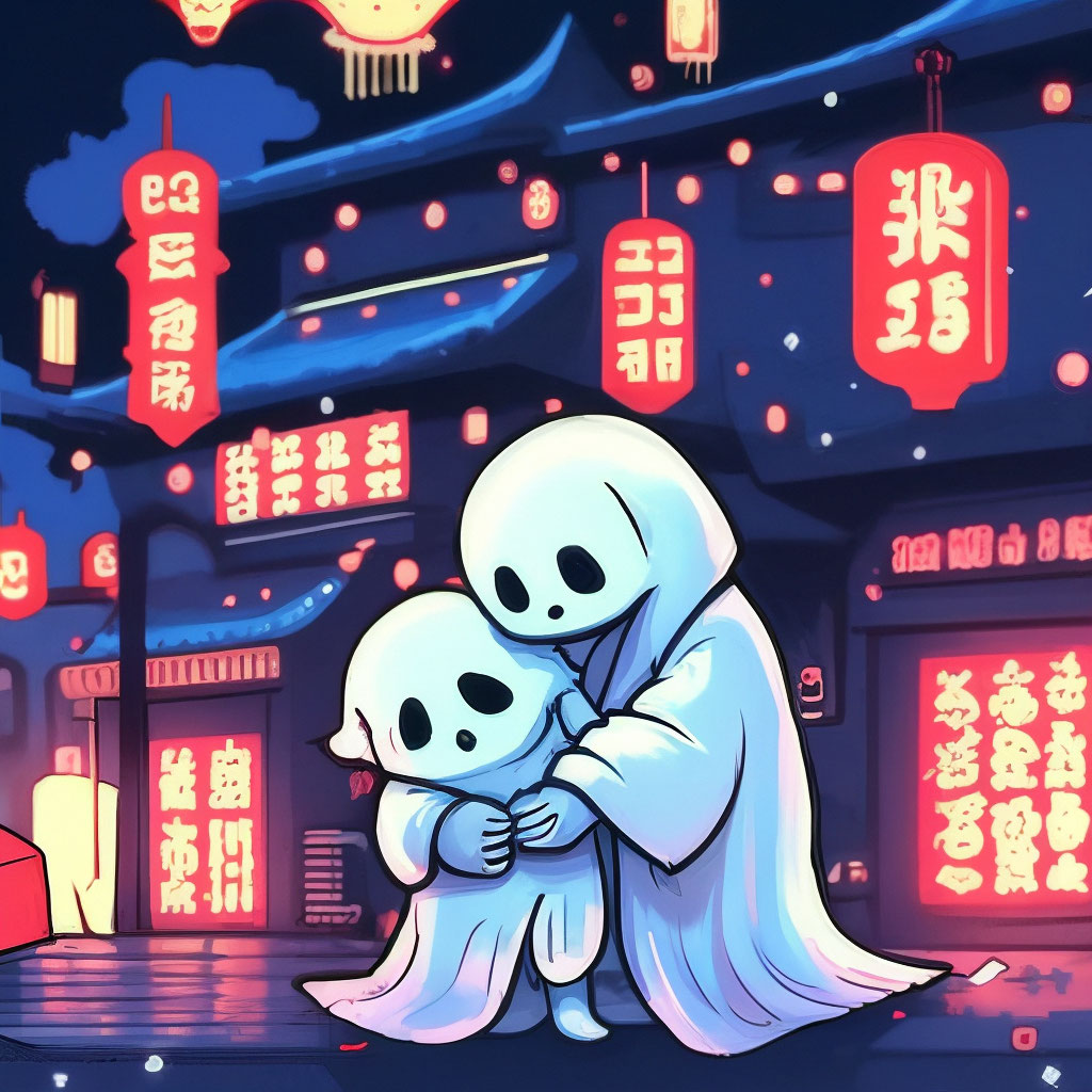 "A serious , small , cute ghost hugs a sad , small , cute ghost at ...