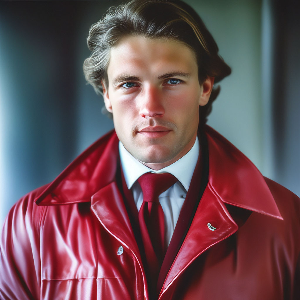 "Photo of a businessman in a crimson jacket from the 90s, fuzziness ...