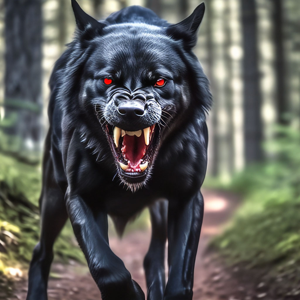 "Forest, huge black hellhound, red eyes, walking along the trail,angry ...