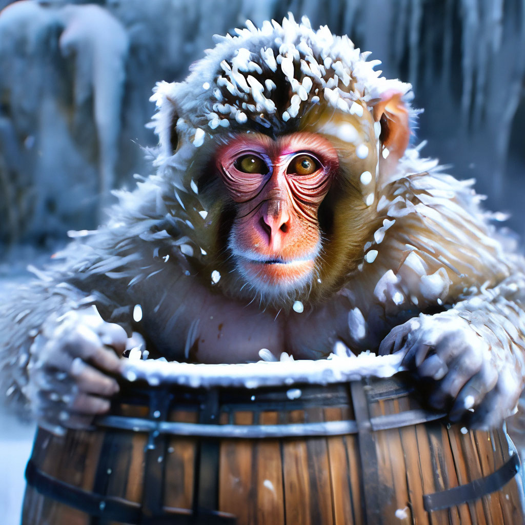 extraordinarily beautiful monkey in a barrel furako, ice, snow, full ...