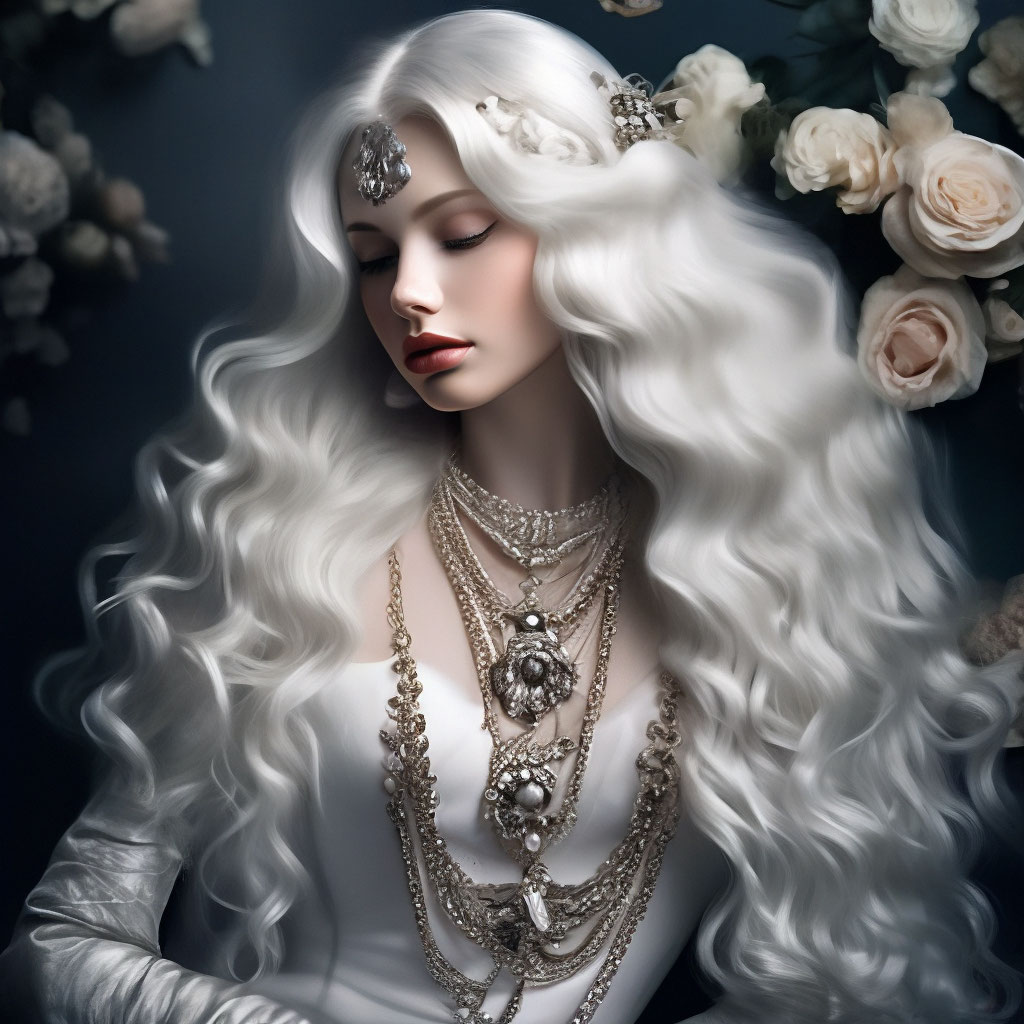 "Professional photo, realistic, girl with very long wavy white hair ...