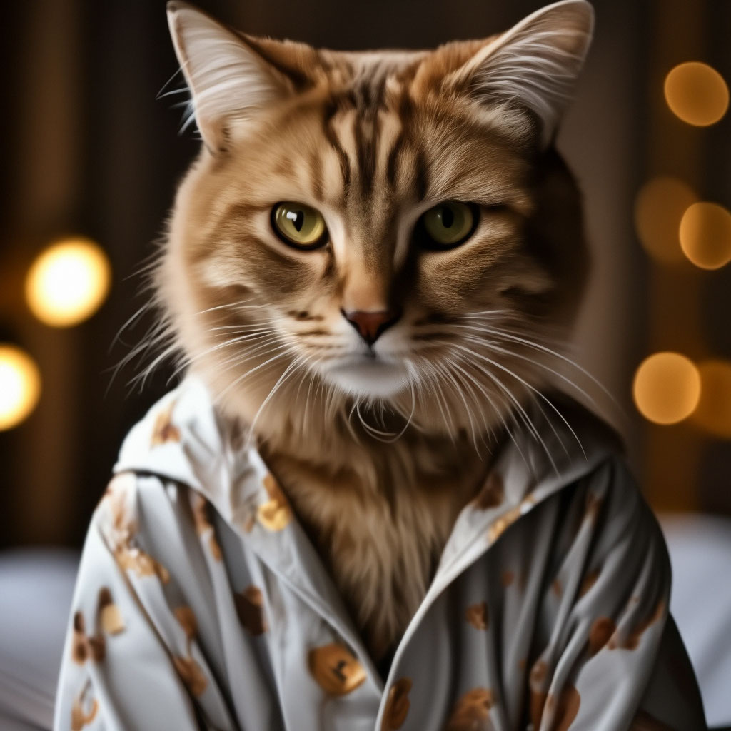 "Vasily the cat, humanoid, in pajamas" — image created in Shedevrum