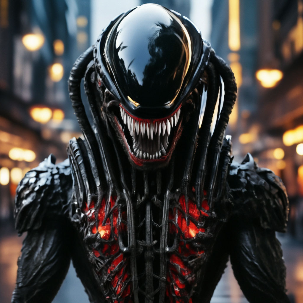 "Venom, predator, xenomorph, cyberpunk" — image created in Shedevrum