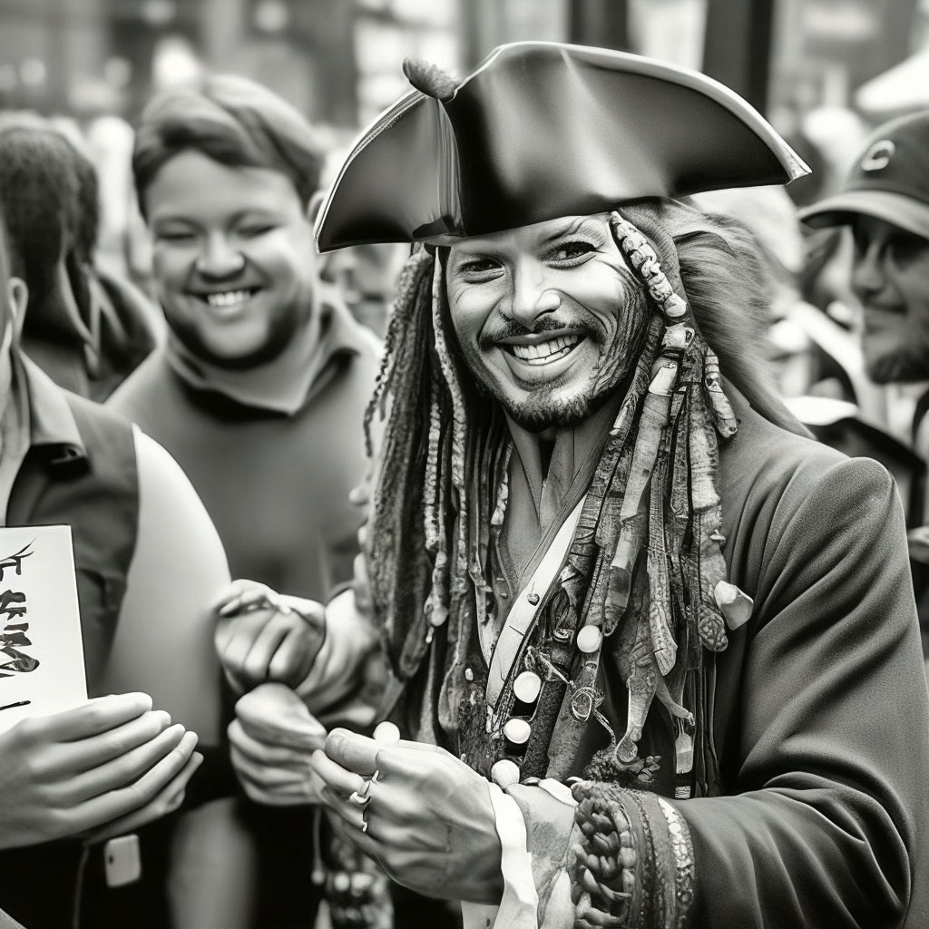 "Actor Captain Jack Sparrow with fans on a New York street, smiling and ...
