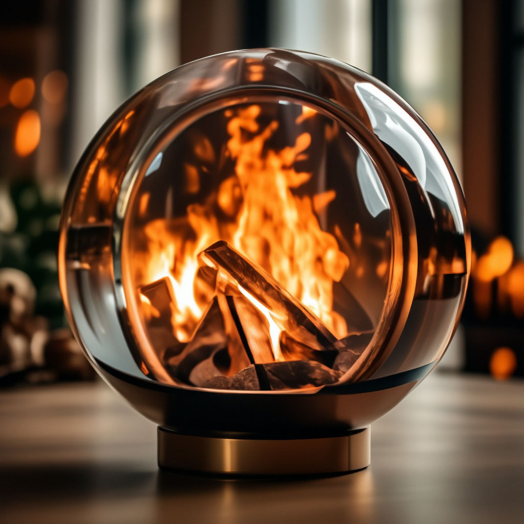 "The fireplace is burning inside a glass sphere" — image created in ...