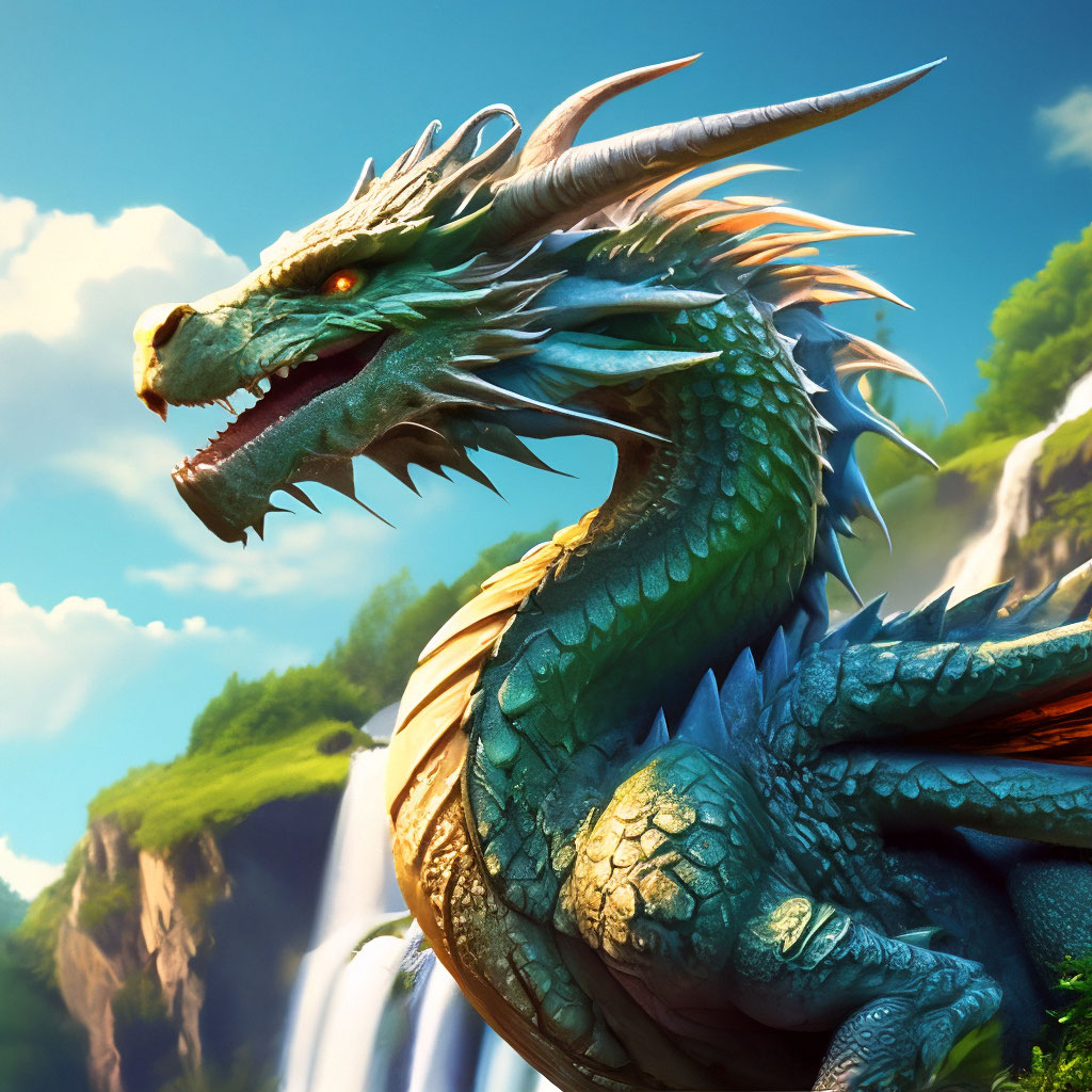 "Dragon summer with waterfall, beautiful, realistic, 4k, professional ...