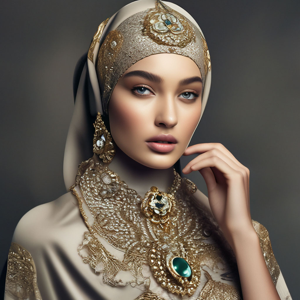 "Beautiful model girl in filigree hijab with precious stones, realistic ...