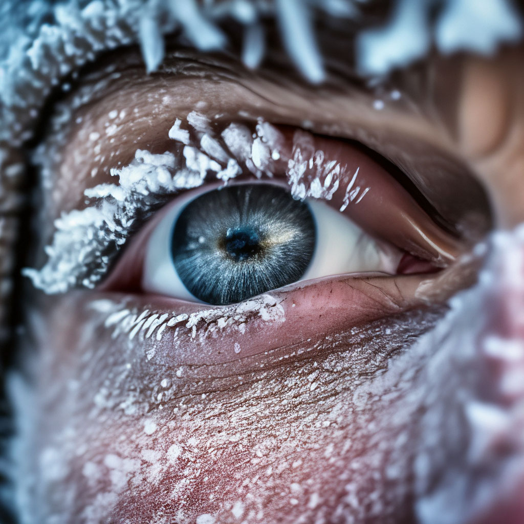"The eyes of a geologist man, frozen snowy white long eyelashes, frost ...