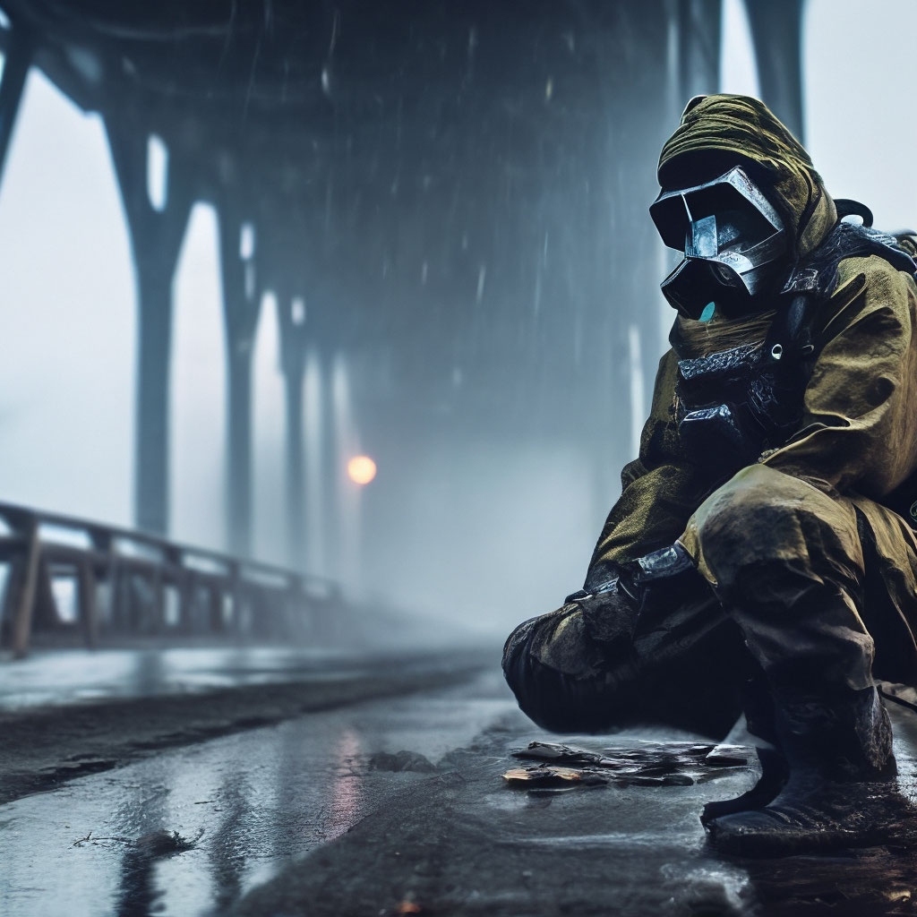 "S.T.A.L.K.E.R first-person view, stalker in a gas mask sitting under a ...