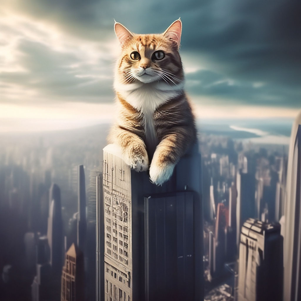 "A cat with the size of a skyscraper" — image created in Shedevrum