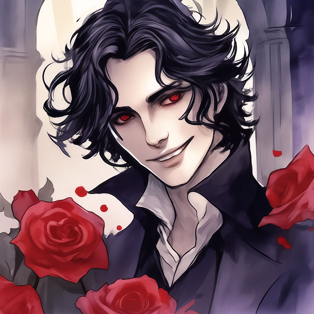 "Guy, vampire, black wavy medium hair, pale face, light smile, red eyes ...