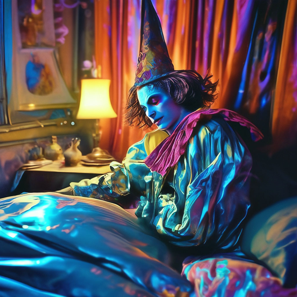 "ᴍøɴɢʀᴇʟ. i wish i was— at night— jester, sitting on bed around pillows ...