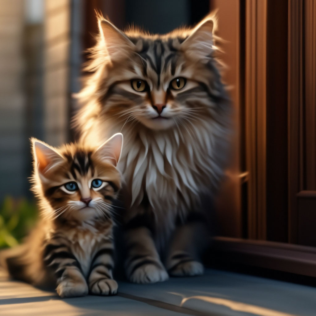 "A shaggy cat, with a small kitten, smiling maliciously, with cunning ...