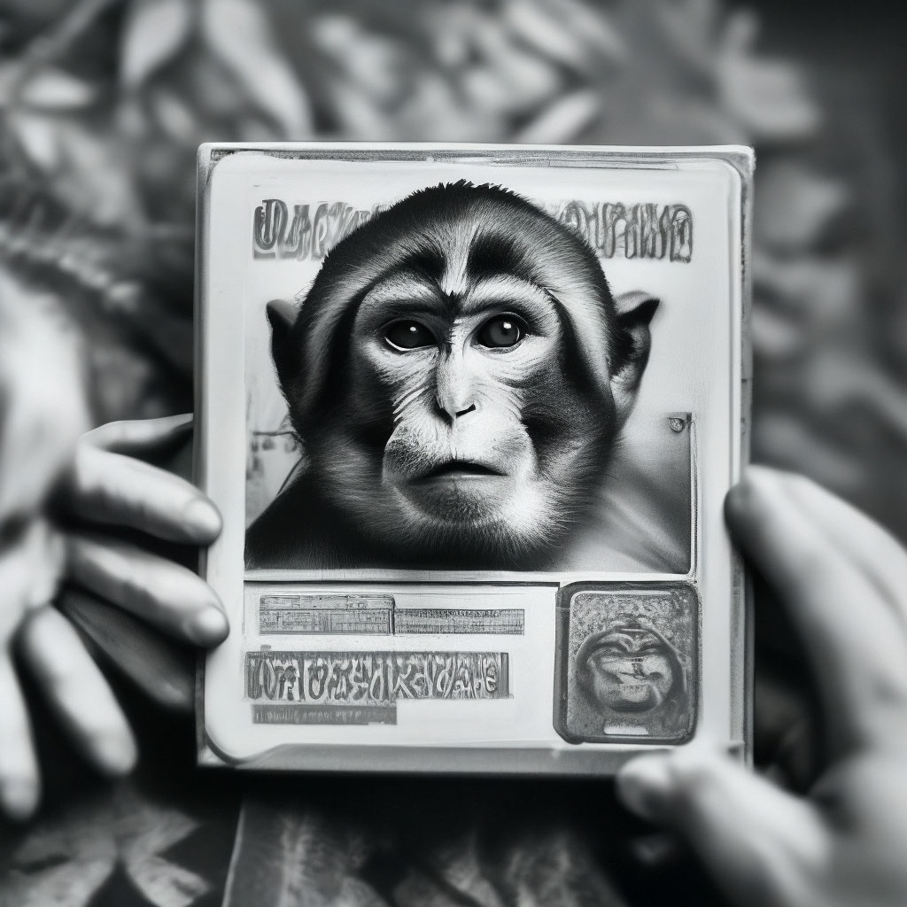 "Photo of a monkey on a passport, b/w" — image created in Shedevrum