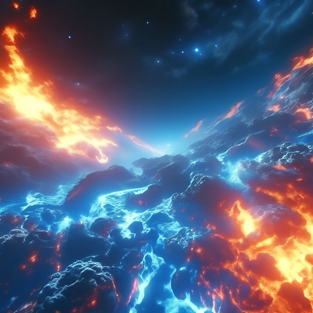 "Hell in the universe space in the sky, blue flames around, 3d, 8k high ...