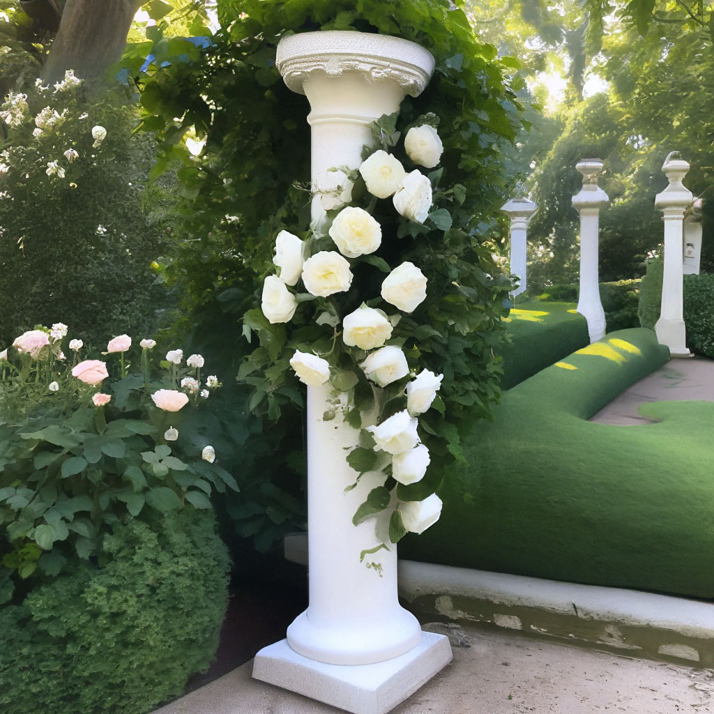 "Curly white roses entwining the column" — image created in Shedevrum