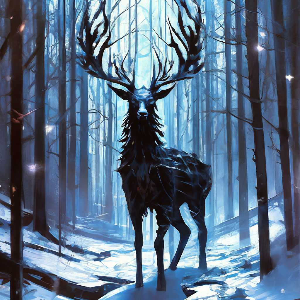 "Cryptic black deer, winter, night, forest, magic" — image created in ...
