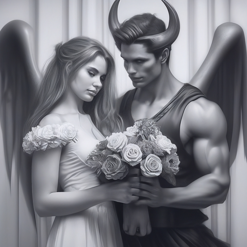 "A beautiful Demon gives a bouquet of flowers to a beautiful Angel girl ...